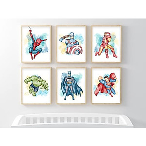 Nistio® Superhero Wall Decor, Superhero Wall Art for Boys Bedroom, Avengers Prints, Set of 6 Prints, Iron Man, Spiderman, Captain America, Hulk, Batman, Superman, Unframed, 8x10 inches