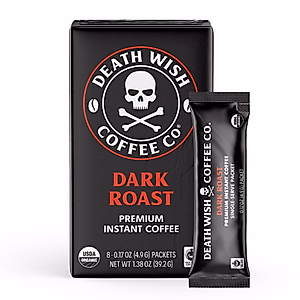Death Wish Coffee Instant Coffee Dark Roast, 8 Single Serve Packets, Extra Kick of Caffeine, Bold & Intense Blend of Arabica & Robusta Beans, USDA Organic Powder, 300mg of Caffeine for Day Lift