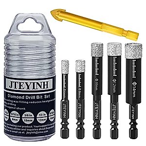 6 PCS Dry Diamond Drill Bits Set，Diamond Hole Saw Set for Granite, Glass, Ceramic, Tile, Marble, Porcelain - 1/4", 5/16", 3/8",1/2",9/16" Tile Drill Bits & 1/4 Carbide Drill Bit