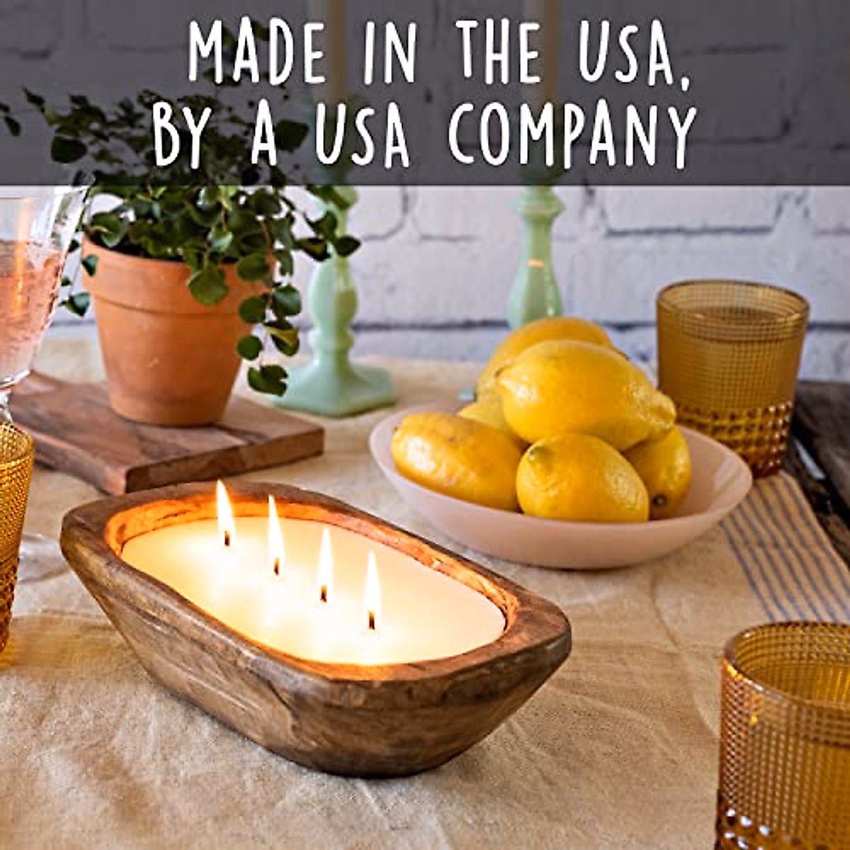 Wooden Dough Bowl Candle 10 Inch, Wooden Dough Bowl Soy Candle, Farmhouse Dough Bowl Candles for Table, Wood Bowl Candle Boat 4 Wick, Wooden Candle Bowl Decor