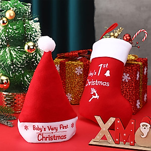 Baby Christmas Stocking and Hat Set, Infant Santa Hats Baby Christmas Stocking Infant Christmas Hat Xmas Classic Stocking Holiday Home Decor Accessory for Baby Christmas Supplies