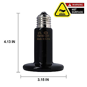 75W 2 Pack Ceramic Heat Emitter Infrared Reptile Heat Lamp Bulb - No Light Emitted Heater Lamp for Lizard Snake Coop Chicken Tortoise Aquarium Pet Brooder - 24hr Heat Source - Black