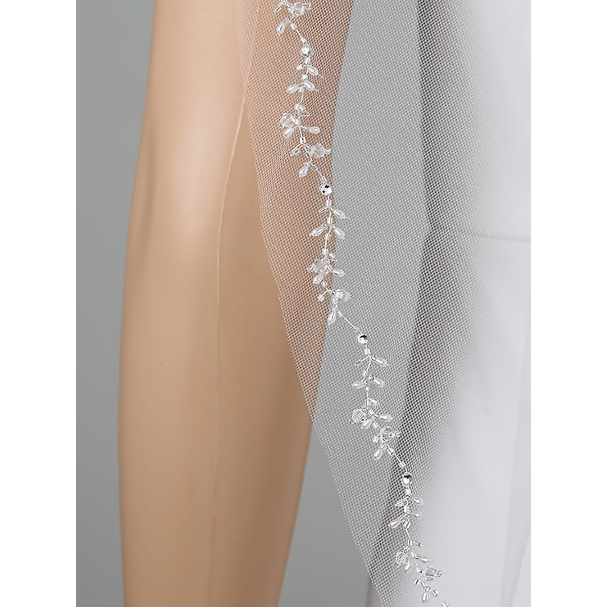SAMKY 1T 1 Tier Offset Floral Vine Edge Crystal Pearl Veil - Light Ivory Fingertip Length 36" V580