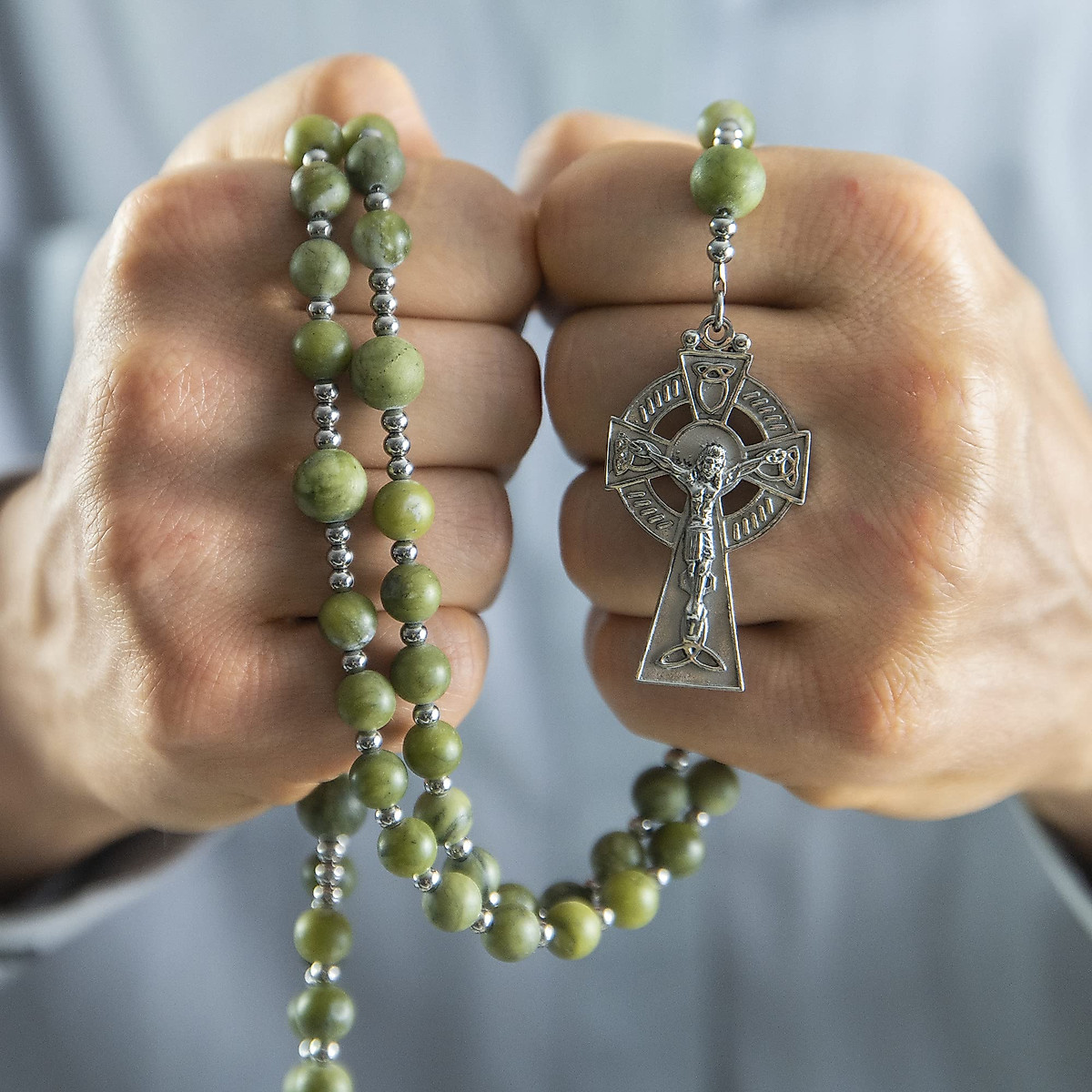 St Patrick Green Jade Rosary, Irish Rosary with Stainless Steel Celtic Cross and Medal