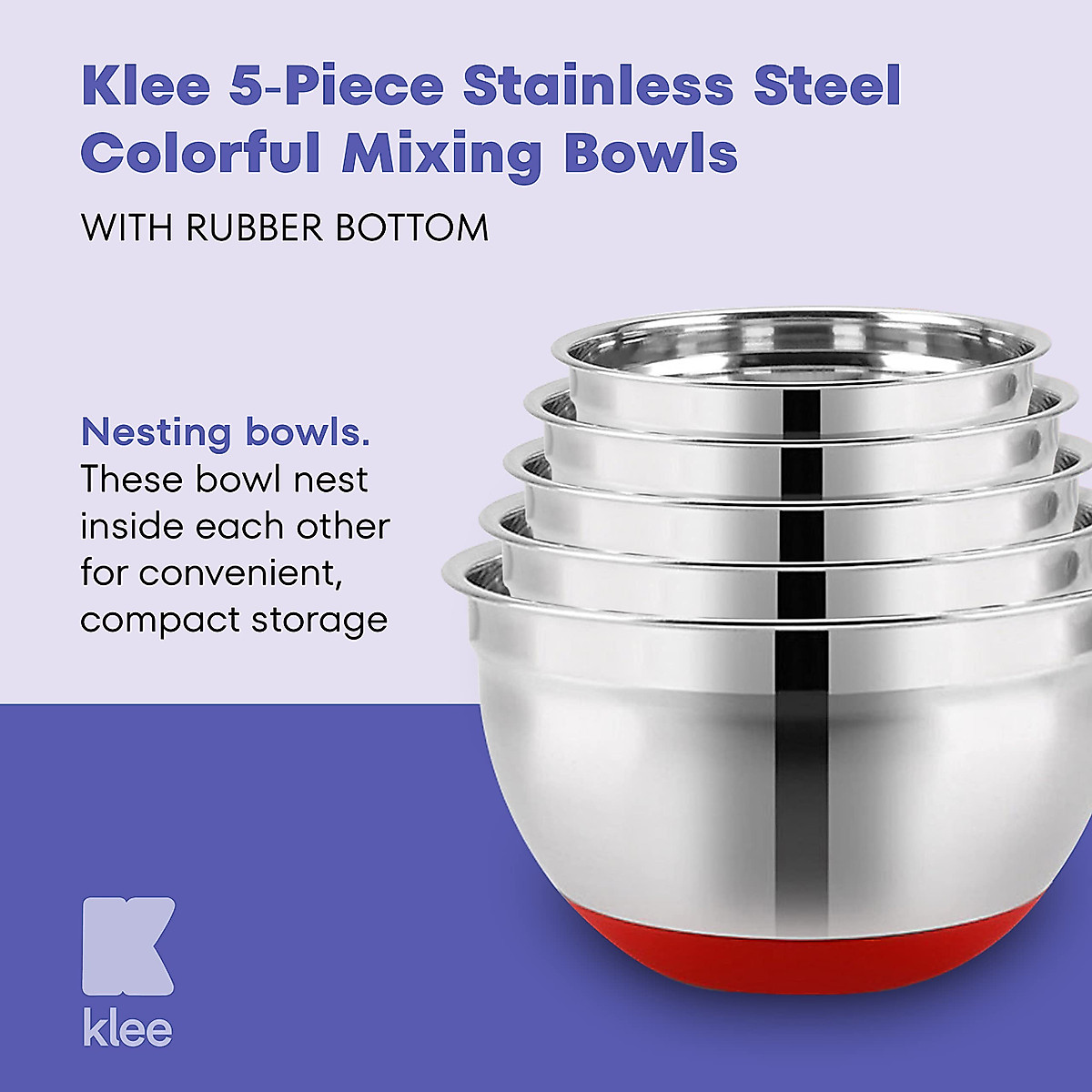 Klee 5-Piece Stainless Steel Colorful Mixing Bowls with Rubber Bottom, Set of 5
