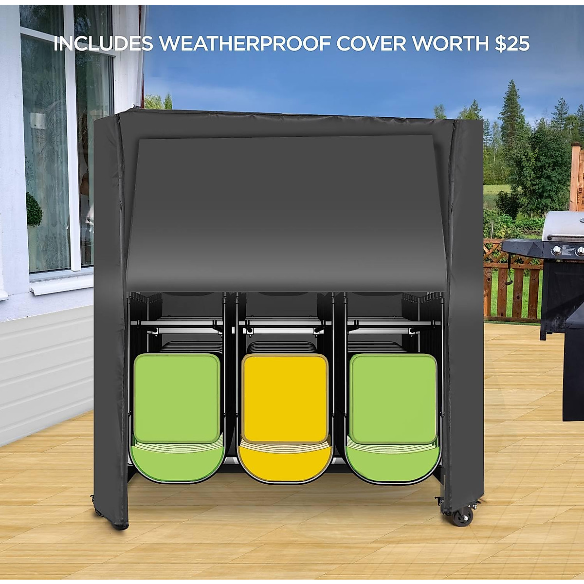 Folding Chair Rack Folding Chair Cart with Capacity 84 Folding Chair Storage Rack 360° Rubber Locking Wheels Weatherproof Cover Mobile Chair Dolly for Stackable Chairs Folding Tables and Chairs