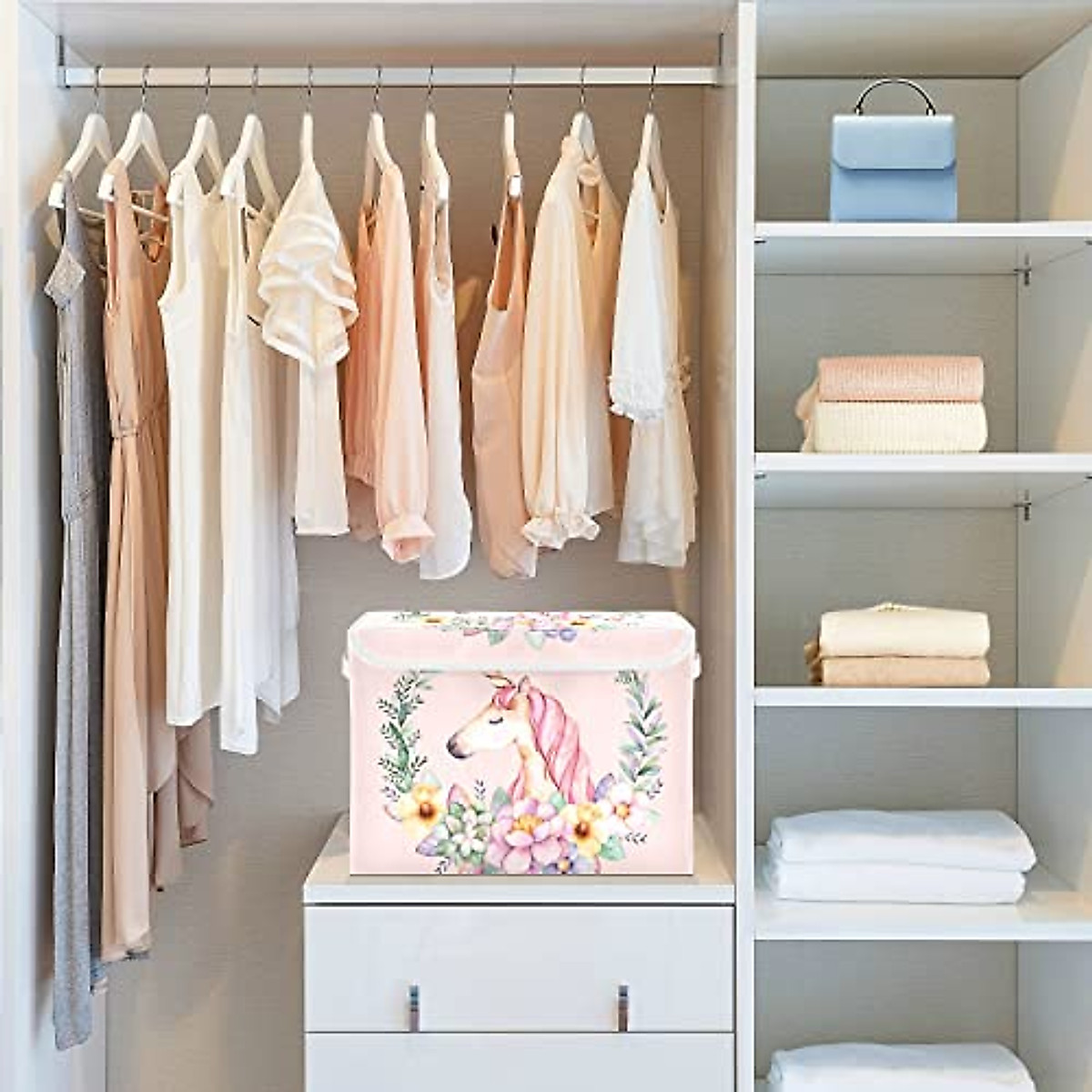 Kigai Valentine Unicorn Flower Lidded Home Storage Bins, Foldable Storage Basket with Double Handle, Flip-Top Storage Box for Toys Clothes Documents