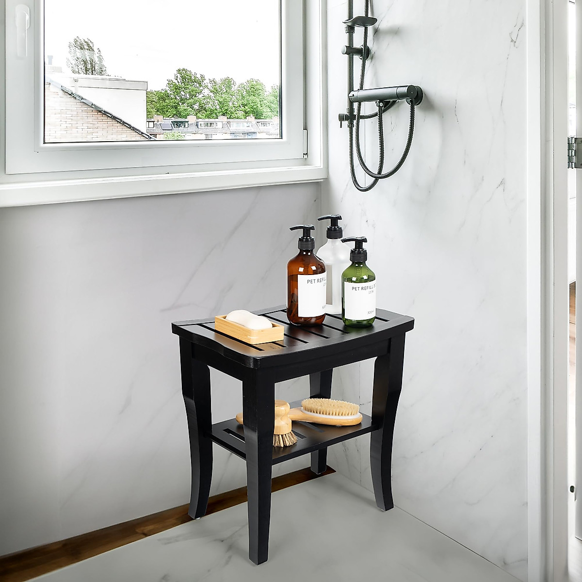 Besilord Bamboo Shower Bench 2-Tier with Storage Shelf Black, Waterproof Shower Benches for Inside Shower, Shower Chair Seat for Adults Elderly Seniors for Indoor and Outdoor Use