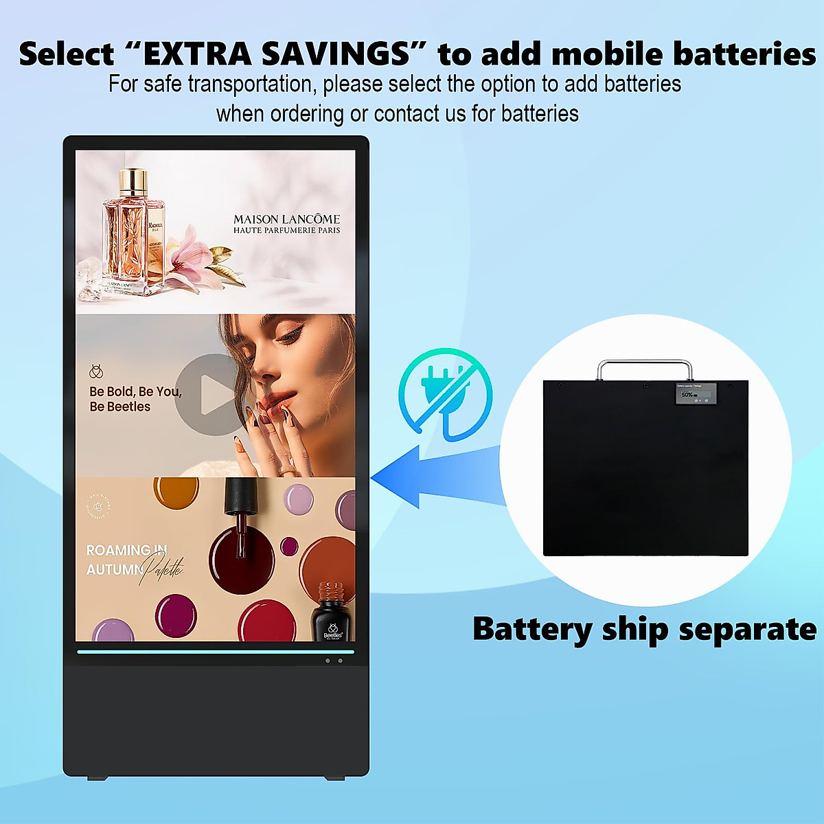 SIOXCFZ 43 inch Rechargeable Portable Outdoor Digital Signage Displays, 4K UHD,IP55 Waterproof, Smart LCD Split Screen, Movable Kiosk, Brightness Auto-Adjustment,Android OS