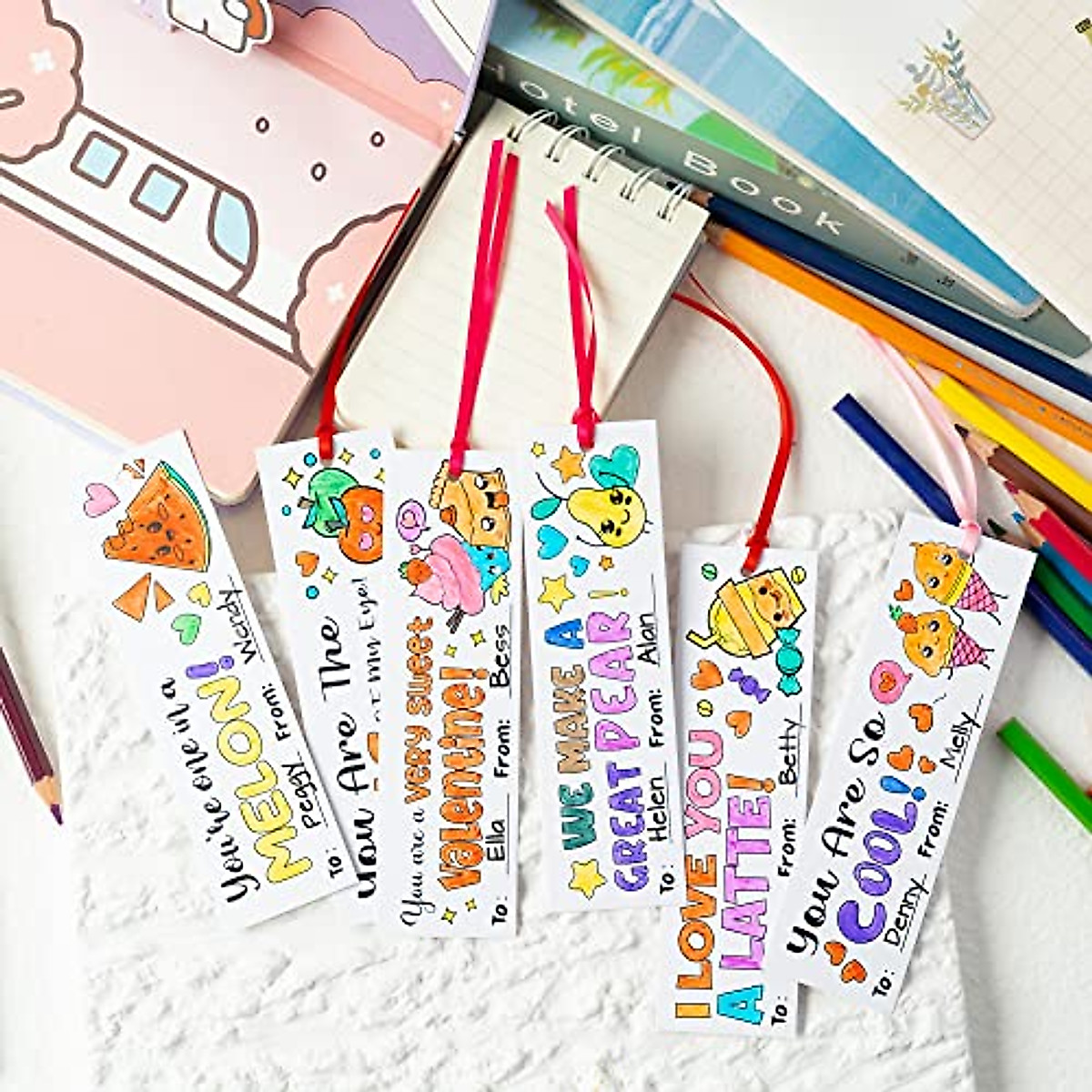 3sscha 75pcs Valentine’s Day Color Your Own  Bookmarks Food Theme Kid Creative DIY Coloring Paper Bookmark Valentine Blank Paint Bookmarks for Teacher Student Valentines Art Gift Party Reward Supplies