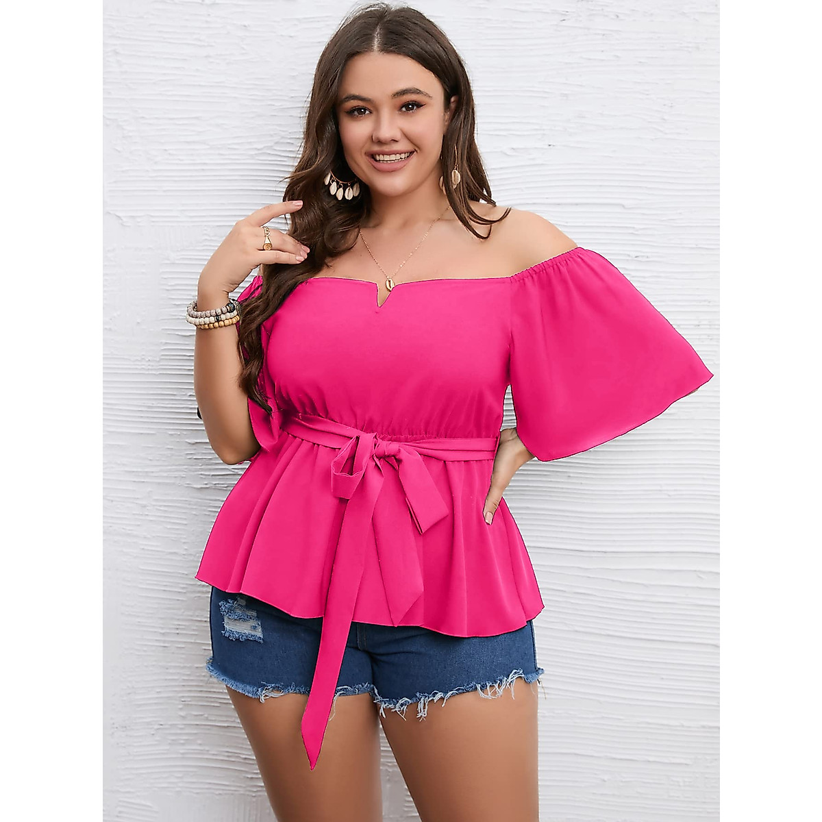 SCOMCHIC Women's Plus Size Off The Shoulder Peplum Blouse Top Half Bell Sleeve Tie Waist Ruffle Hem Babydoll Tops Rose Red