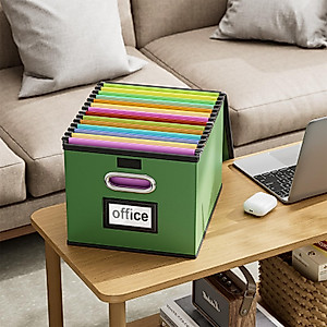 Huolewa Upgraded File Organizer Box with Lid, Collapsible Faux Leather Document Organizer, Hanging File Folder Box with Plastic Slide, Decorative Filing Box Cabinet for File and Folders Storage(Green)