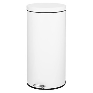 mDesign Tall 30 Liter / 7 Gallon Large Round Metal Lidded Step Trash Can, Thin Compact Garbage Bin with Removable Liner Bucket for Bathroom, Kitchen, Craft Room, Office, Garage - White