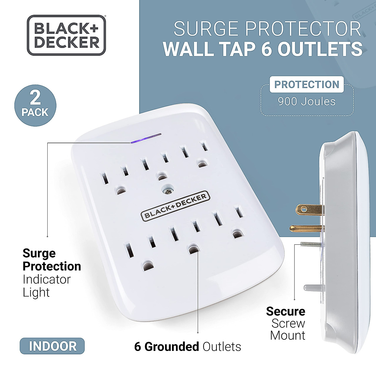 BLACK+DECKER Surge Protector Wall Mount with 6 Grounded Outlets, 2 Pack, White - Compact Power Adapter Tap with Indicator Light, Automatic Shutdown - 3-Prong Power Outlet Plug for Bathroom, Bedroom