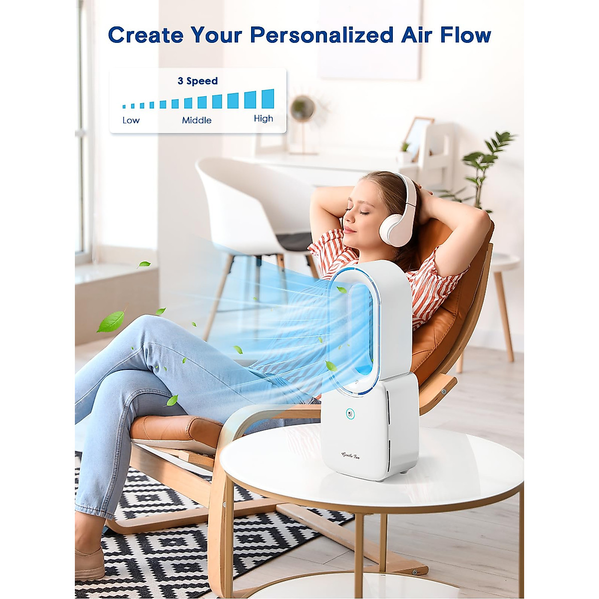 let'me Desk Fan,Portable Bladeless Fan 11.8 inch Small Personal Cooling Fan with 5 Colors Touch Control LED Light,Quiet Table Fan for Home, Office, Bedroom