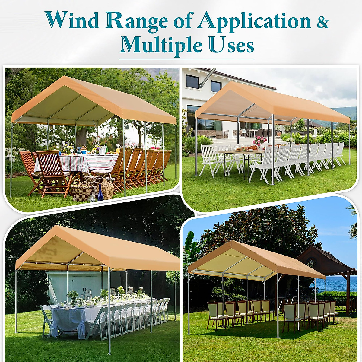 PHI VILLA 10x20 ft Heavy Duty Carport Car Canopy Garage Boat Shelter Party Tent（ith 4 Sand Bag）,Beige