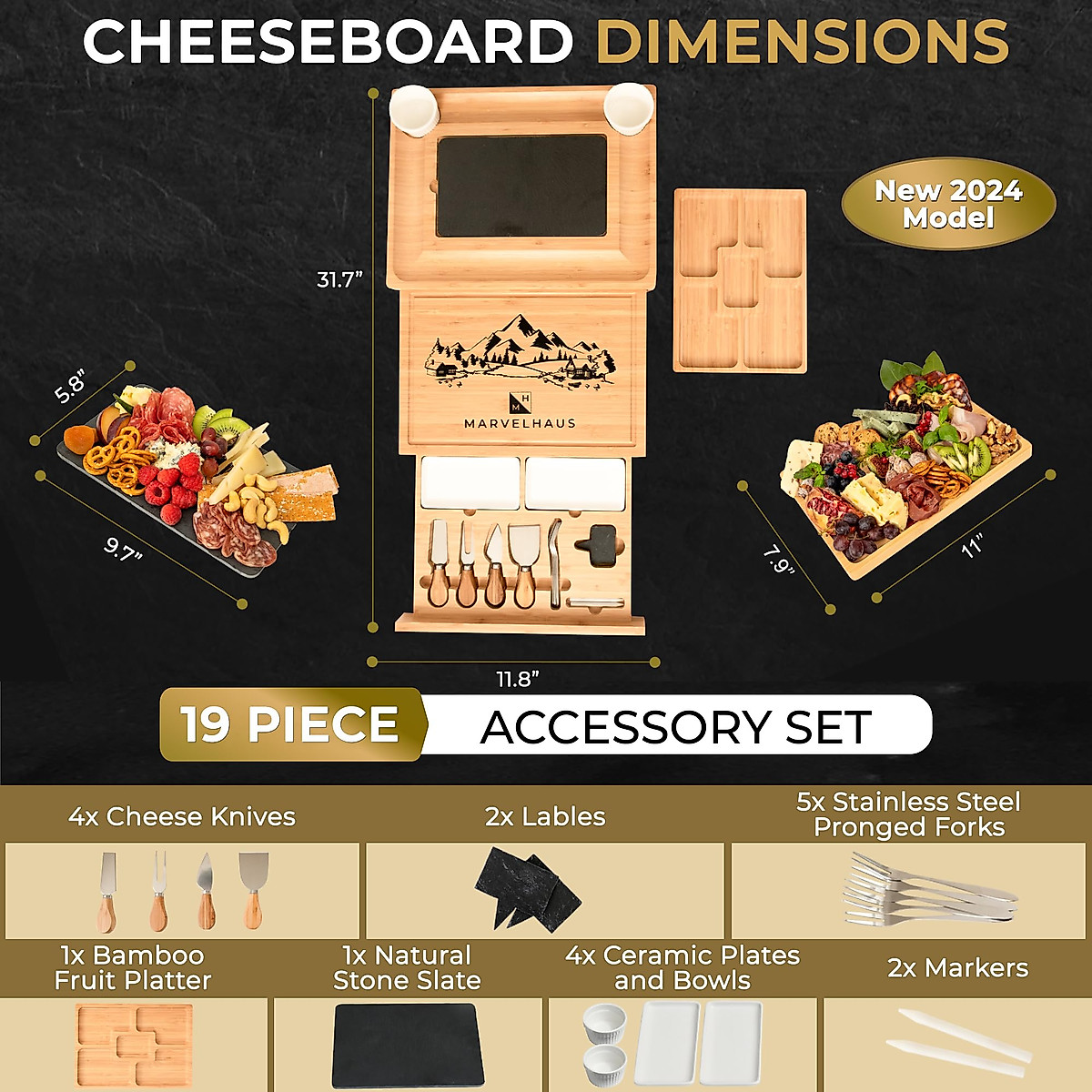 MARVELHAUS Large Charcuterie Board 19 pcs accessories, Cheese Board With Mountain Scene, Cheese Board & Knife Set, Bamboo Charcuterie Boards, Cheese Servers-Unique House Warming New Home, Wedding Gift