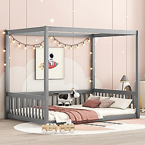 LostCat Full Size Canopy Floor Bed Frame with Fence, Wood Montessori Floor Bed for Teens and Adults, Easy Assembly, No Box Spring Needed,Grey