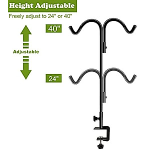 Koutemie 40 Inch Tall Double Deck Hook for Railing, Adjustable Outdoor Shepherds Hook with 2-Inch Strengthened Clamp for Hanging Plant Bird Feeder, 1 Pack