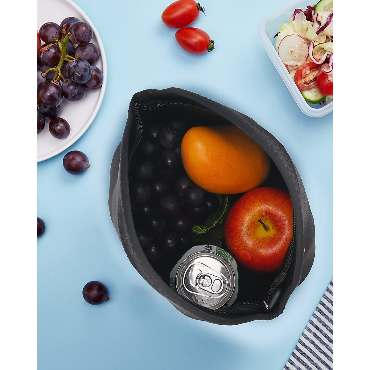 yookee home Black Lunch Bag, Insulated Lunch Box, Thick and Reusable Thermal Lunch Tote Bag, Small Neoprene Lunchbags with Zipper for Adults Kids Nurse Teacher School Work Outdoor Travel Picnic