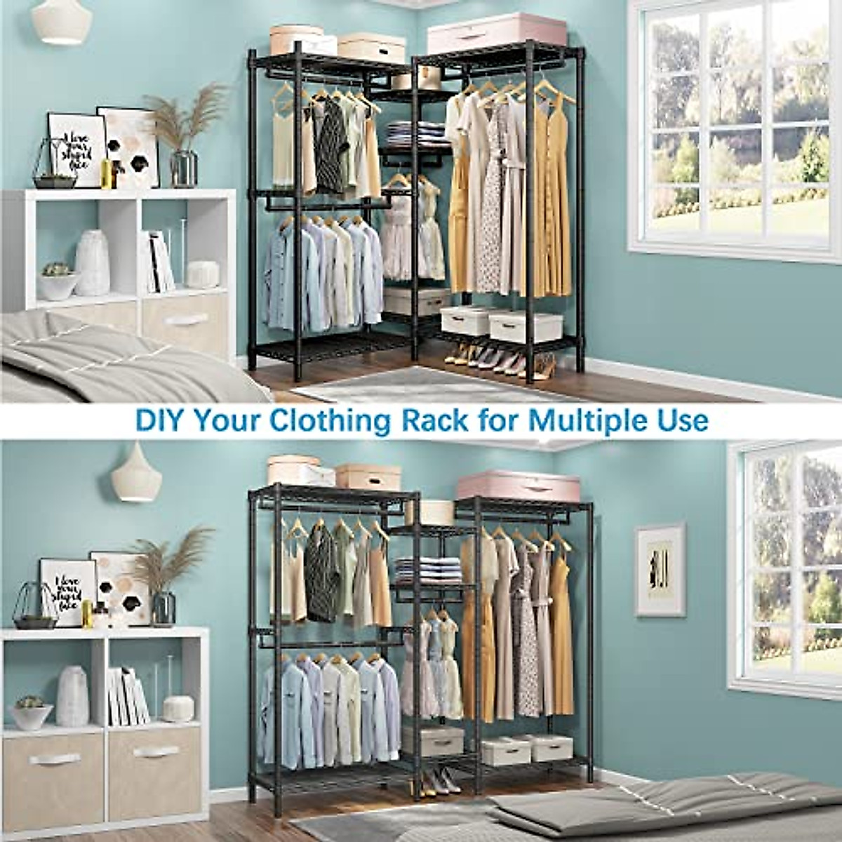 VIPEK L6 Garment Rack L Shaped Clothes Rack Heavy Duty Clothing Rack Metal Freestanding Closet with 7 Adjustable Shelves & 4 Hanging Rods 43.3"L x 43.3"W x 76.8"H, Max Load 700LBS, Medium Size, Black