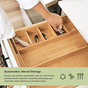 KitchenEdge Adjustable Kitchen Drawer Organizer for Utensils and Junk, Food-Safe Contract Grade with 100% Sustainable Wood, Non-Slip, Expandable from 10.5 to 18.5 Inches Wide - Natural Bamboo