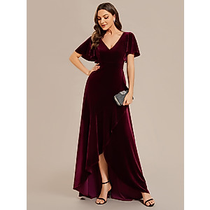 Ever-Pretty Women's Velvet Dress Wrap V Neck High Waist Ruffle Sleeve Church Wedding Guest Party Dresses Burgundy US14