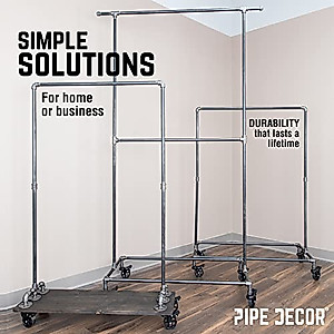 PIPE DECOR 39” x 20 ¼” x 82” Rolling Steel Pipe Double Rod Clothing Rack, Commercial or Residential Industrial Clothes Display, Heavy Duty Black Steel Metal Wheeled Garment Frame