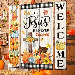 3 Pcs Thanksgiving Porch Sign Banner Fall for Jesus He Never Leaves Hanging Door Sign Thanksgiving Pumpkin Maple Leaf Harvest Welcome Banner for Home Porch Front Door Decor