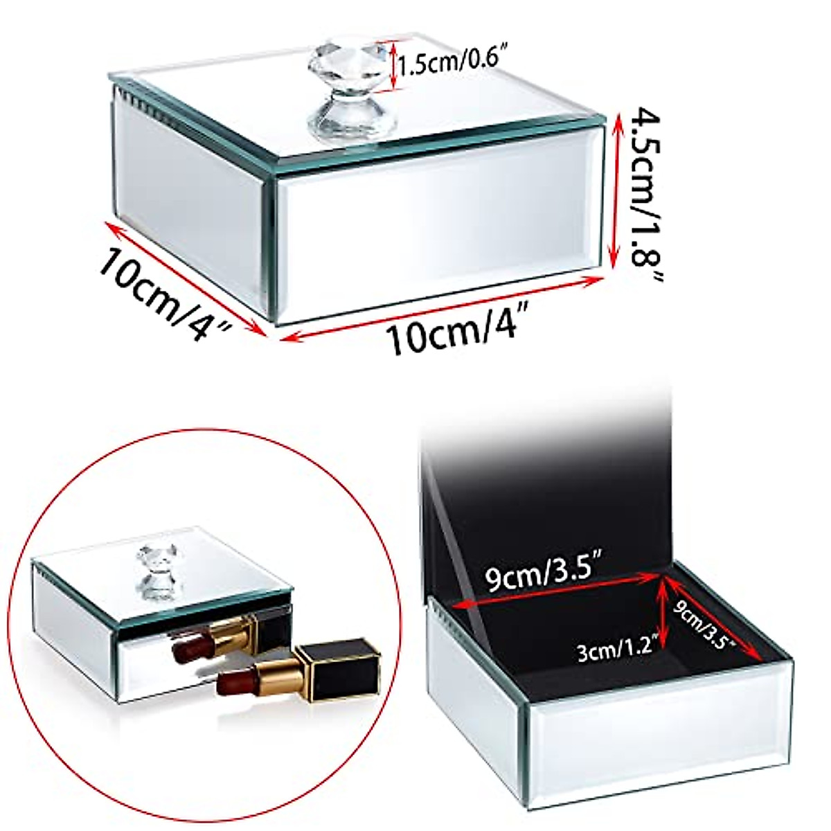 Hipiwe Silver Glass Mirrored Jewelry Box with Crystal Handle Square Trinket Organizer Treasure Chest Case Classic Keepsake Box for Storage Rings Earrings Necklace Bracele (Small, Silver)