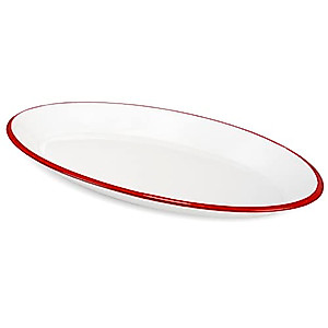 Red Co. Enamelware Metal Classic 13" Serving Oval Tray Platter, Solid White/Red Rim