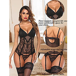 Avidlove Women Lingerie Set Lace Teddy Bodysuit with Garter Belt Mini Babydoll Chemise No Stockings Black M