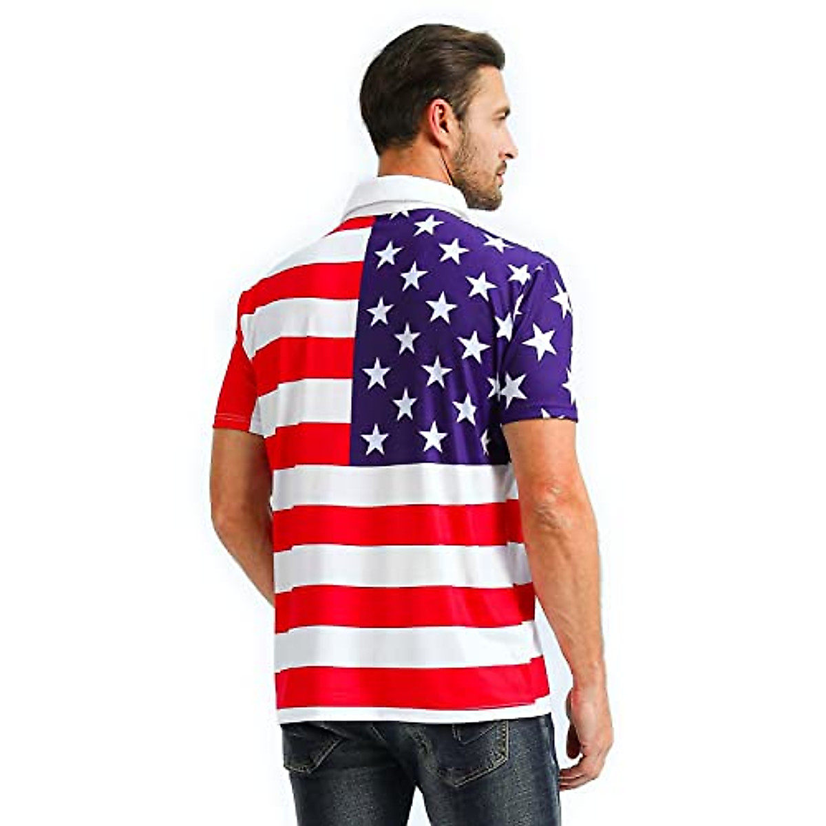 LINOCOUTON Mens American Flag Patriotic Golf Polo Shirt 4th of July Short Sleeve Stars Stripes Pieced Outfit, White, Large