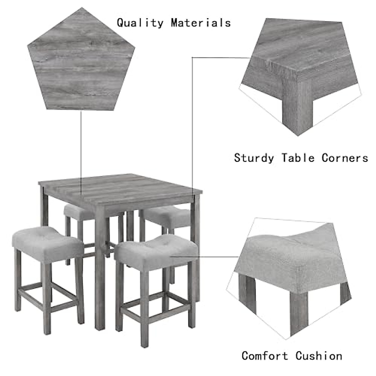 PEIHONGET 5-Piece Dining Table Set,Modern Bar Table and Chairs Set with Linen Fabric Cushions,Kitchen Breakfast Table Set with Solid Wood Legs, for Living Room, Dining Room,Game Room (Gray)