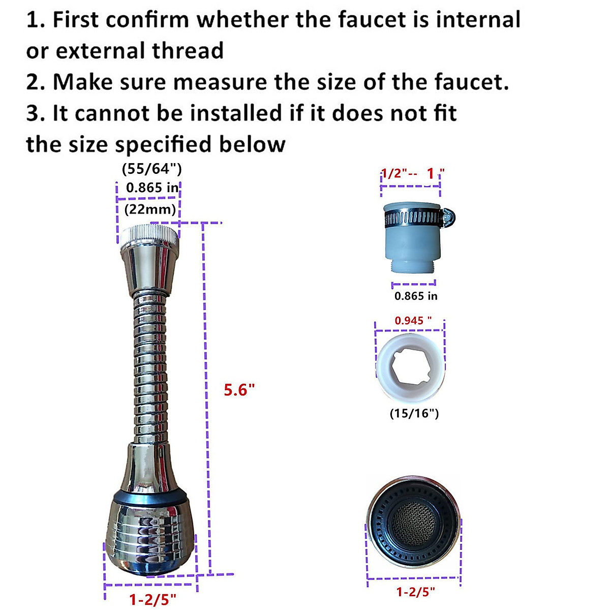 Flexible Faucet Sprayer Attachment 360 ° Kitchen Sink Aerator Extender ABS Polished Chrome for Cold Hot Water (Silver）