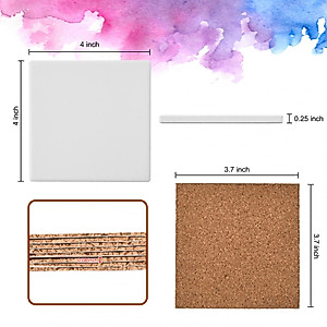 COYMOS 24 Pcs Ceramic Tiles for Crafts Ceramic Coasters for Crafts Blank White Unglazed Ceramic Tile for Painting, Alcohol Ink, Acrylic Pouring - DIY Coaster - Cork Backing Pads Included (4x4 inch)