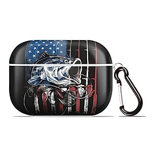 Fishing American Flag USA Bass Fish for AirPods Case Cover for AirPods Pro, Wireless/Wired Charging Protective AirPods Pro Case with Keychain, White
