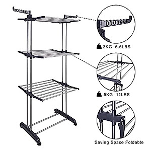 Aquaterior Folding 3 Tier Clothes Drying Rack Rolling Collapsible Garment Laundry Dryer Hanger Stand Rail Indoor Dark Grey
