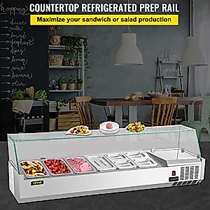 VEVOR Refrigerated Condiment Prep Station, 60-Inch, 16.8Qt Sandwich Prep Table w/ 4 1/3 Pans & 4 1/6 Pans, 146W Salad Bar w/ 304 Stainless Body Tempered Glass Shield Digital Temp Display Auto Defrost