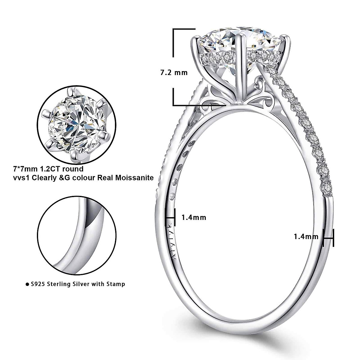 Atylyk 1.2 Carat Moissanite Engagement Ring Wedding Promise Gold Plated Sterling Silver Round Solitaire Rings for Women (5.5)