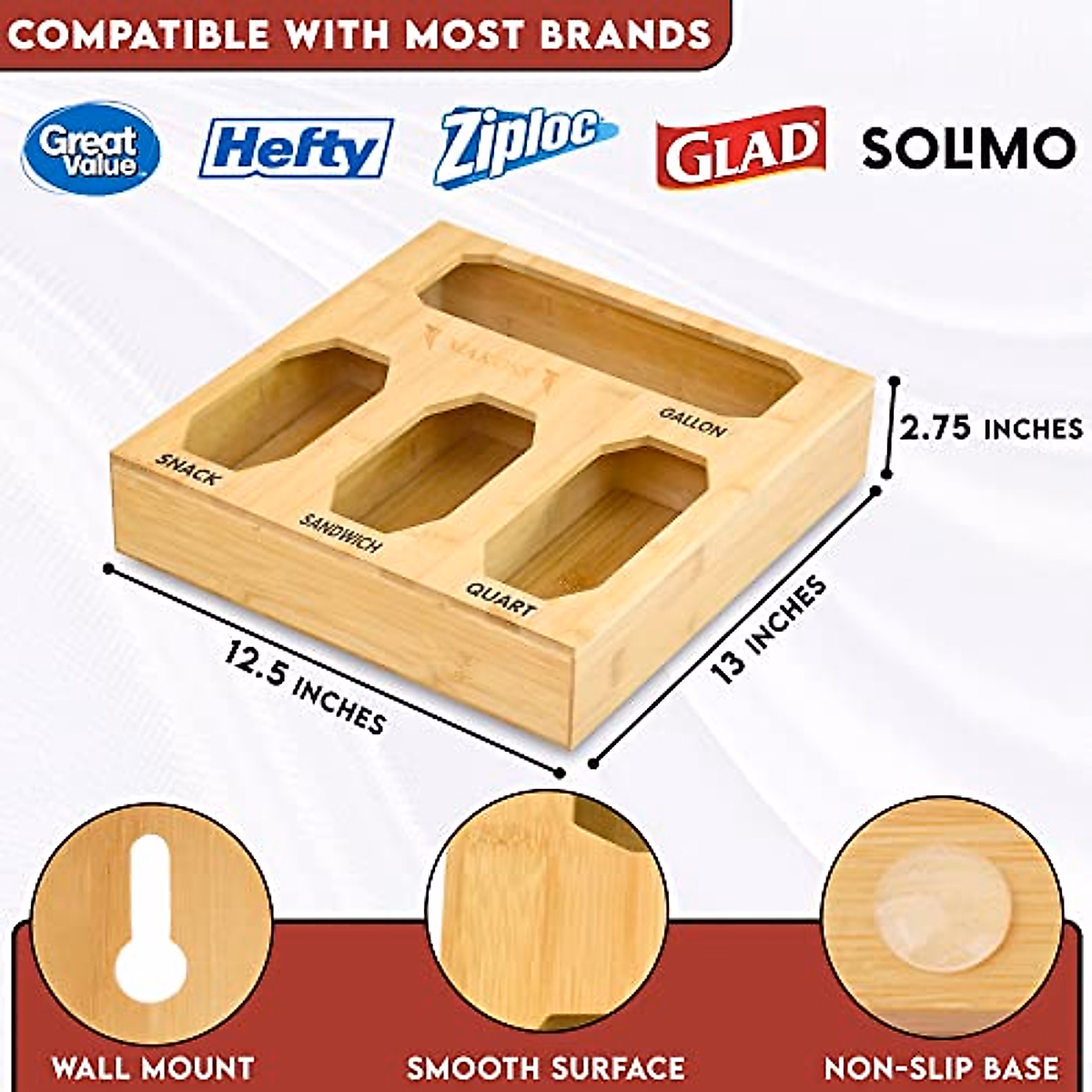 MAKOSS Premium Bamboo Ziploc Bag Storage Organizer & Dispenser Kitchen Wall Drawer- Zip loc Baggie Organizer - Food Storage Plastic Bag Holder of Gallon, Slider Quart, Sandwich, Snack Valentine deals