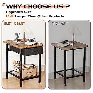 GYIIYUO Nightstands Set of 2 with Charging Station and Fabric Storage Drawer,16.5" x 15.8" Side Table with Storage for Bedroom, Bedside Tables with Steel Fram, Rustic Brown and Black