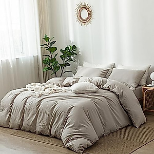 MooMee Bedding Duvet Cover Set 100% Washed Cotton Linen Like Textured Breathable Durable Soft Comfy (Cream Grey, Twin)