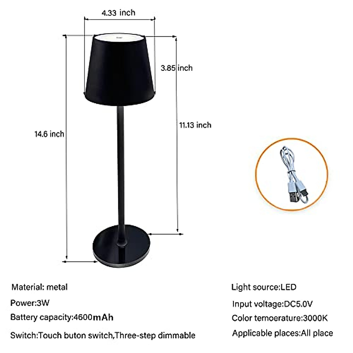 IMQSQIK Cordless Table Lamps USB Rechargeable Simplicity Desk Lamp Built-in 4600 mAh Battery LED Battery Operated lamp with Touch Control Table lamp - Bedroom/Desk/Reading/Patio(Black)