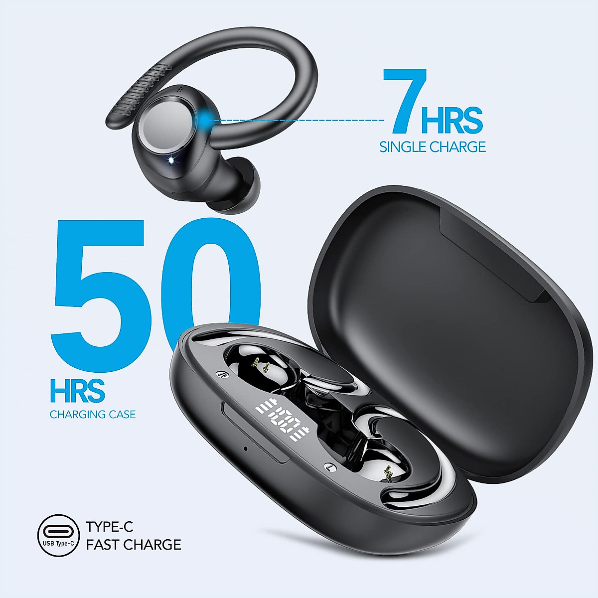 taobosec Bluetooth Headphones, Bluetooth Earbuds, HiFi Stereo Sound, Bluetooth 5.1, IPX7 Waterproof, 50 Hours Playtime with Charging Case, Suitable for Work, Games