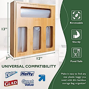 Ziplock Bag Storage Organizer for Kitchen Drawer - Bamboo Zip Lock Plastic Baggy Dispenser - Magnetic Sliding Lid for Easy Refill - Ziplock Bag Organizer Fits Gallon, Quart, Sandwich, Snack Baggies