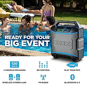 ION Block Rocker - Portable Bluetooth Outdoor Party Speaker with Karaoke Microphone, Battery, 4 Speakers, Radio, USB Port, App, Water-Resistant, 120W