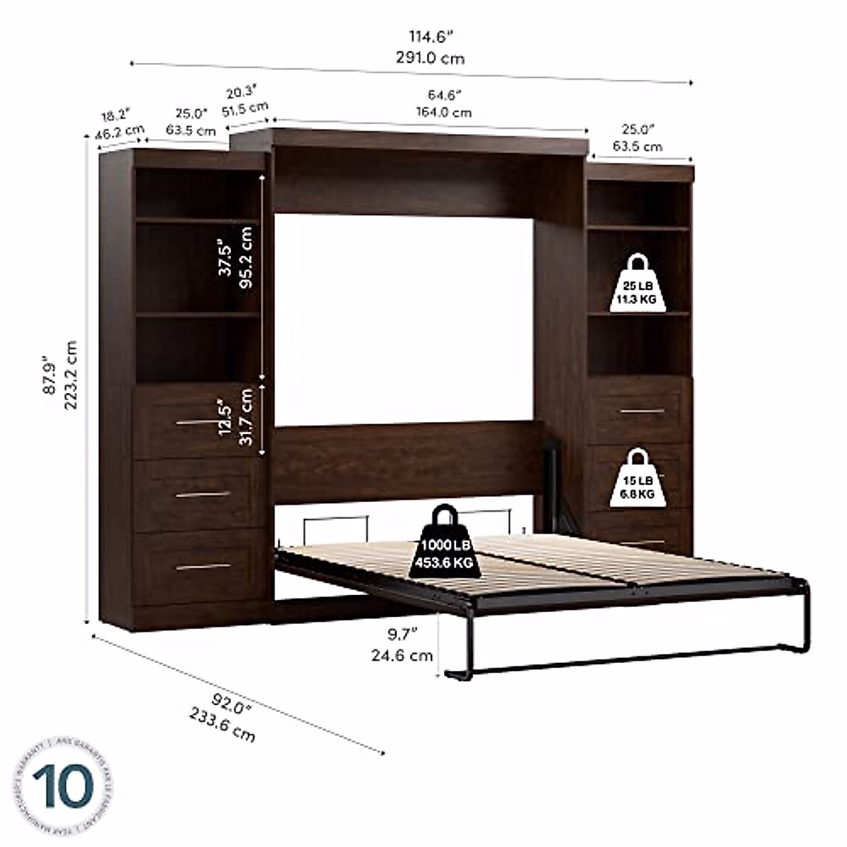 Bestar Pur Queen Murphy Bed and 2 Storage Units with Drawers, 115-inch Space-Saving Wall Bed