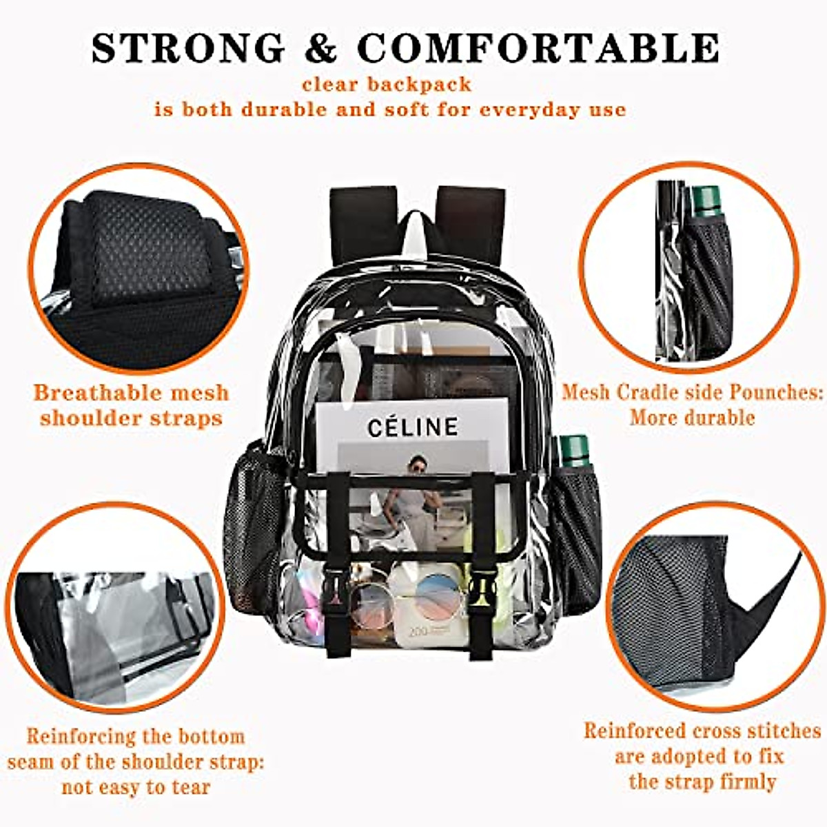 KUI WAN Clear Backpack, Large Clear Bag Stadium Approved Heavy Duty PVC Transparent See Through Backpacks for College,Stadium,Work,Security,Festival,Black