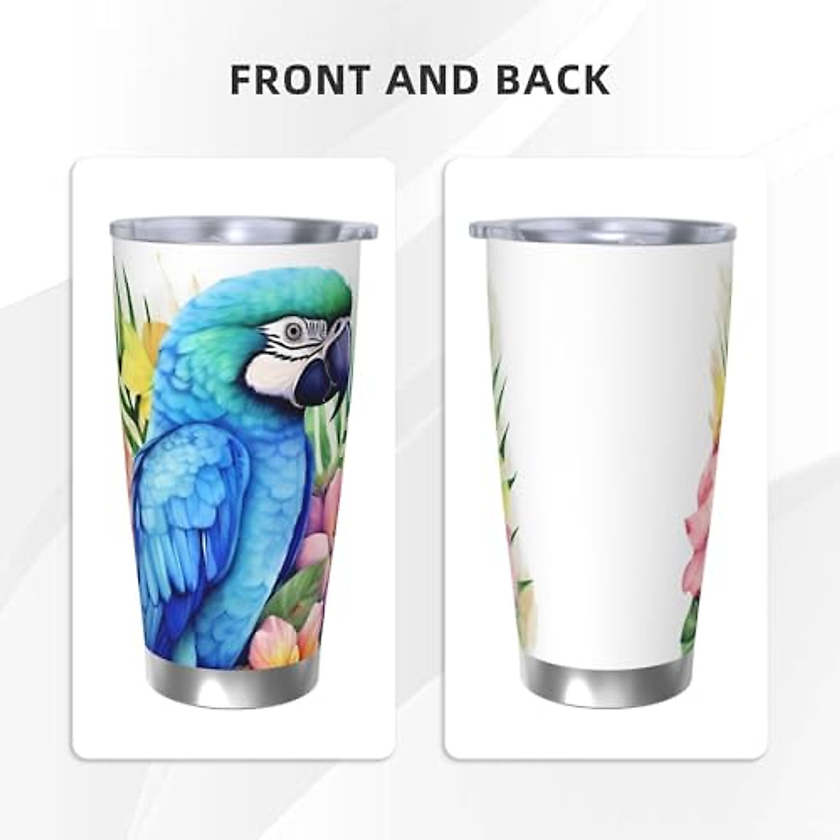 Blue Parrot in Flowers Tumbler with Lid and Straw 20oz Stainless Steel Car Cup for Hot and Cold Drinks, Double Wall Insulated Travel Coffee Mug Reusable Drink Thermos Cup Birthday Gifts